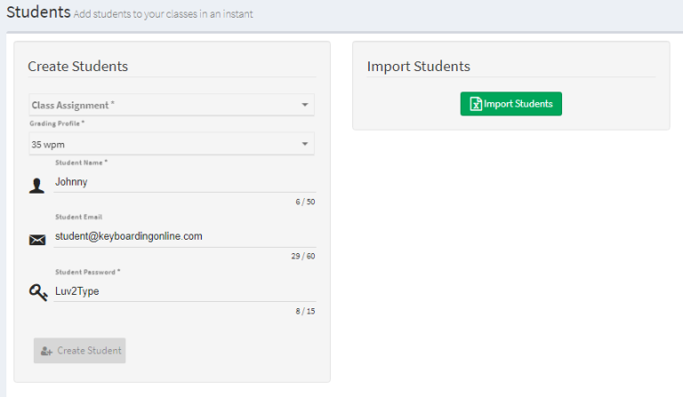 Why is the 'Create Student' button grayed out? - Keyboarding Online